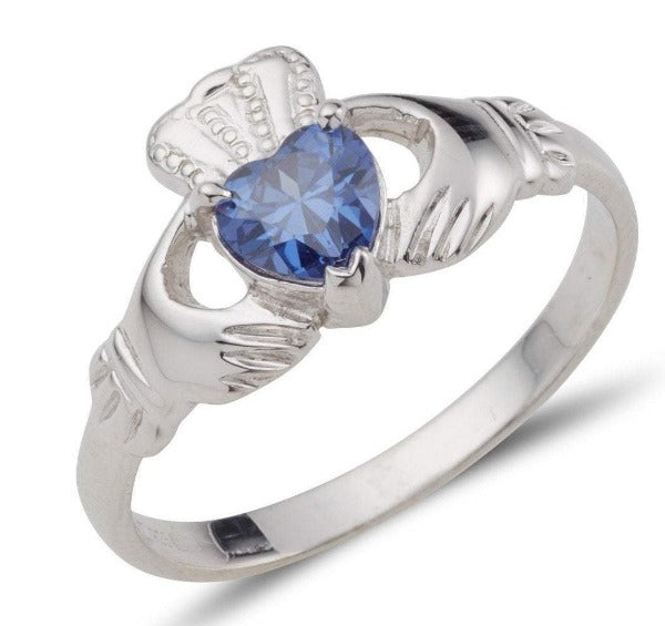 Claw Set Birthstone Claddagh Ring in White Gold by Greenes Jewellers ...